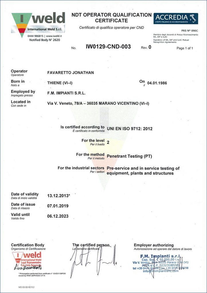 Certificazioni - F.M. Impianti S.r.l.