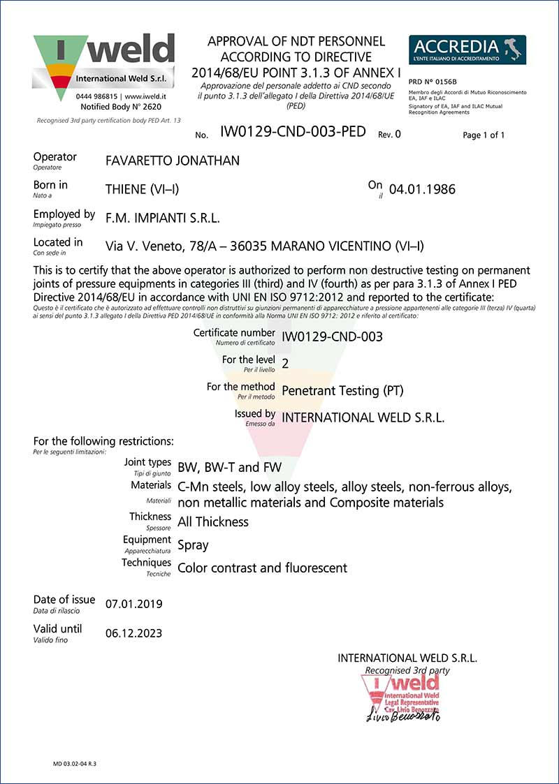 Certificazioni - F.M. Impianti S.r.l.